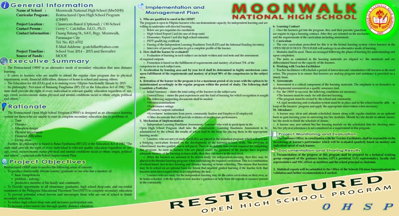 OPEN HIGH SCHOOL PROGRAM – Moonwalk National High School